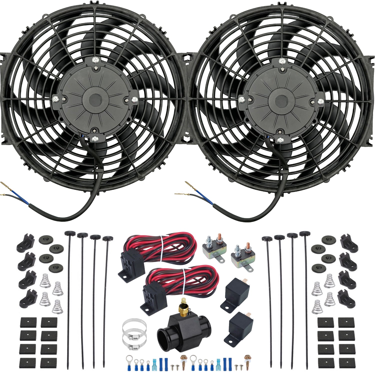 Dual 12-13 Inch 180w Electric Fans Radiator In-Hose Ground Switch Wiri ...