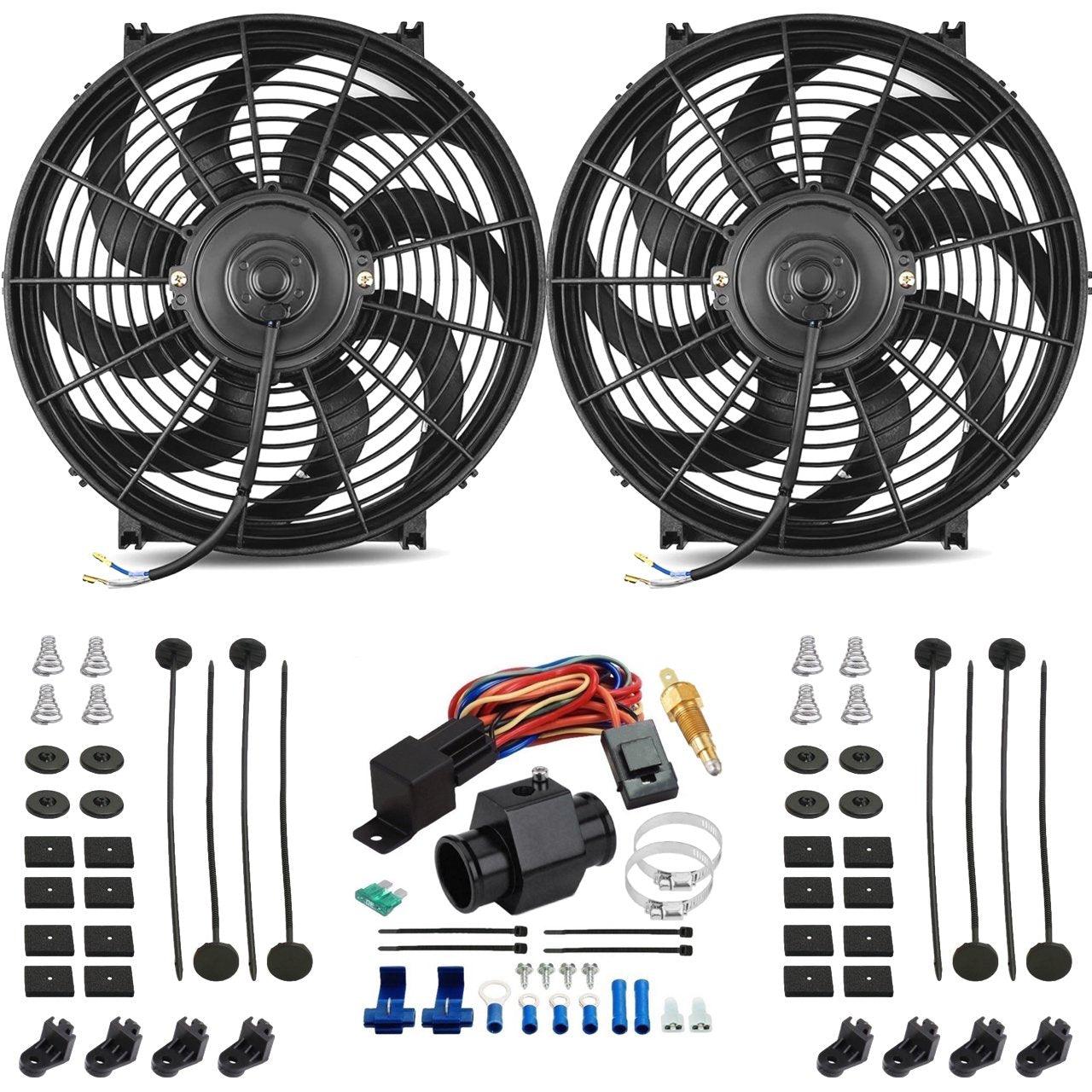 Dual 14-15 Inch Electric Cooling Fans Radiator In-Hose Ground Temp Swi ...